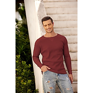 COOFANDY Men's 2 Pack Waffle Shirts Long Sleeve T Shirts Casual Crew Neck Knit Pullover Tops Wine Red/Black