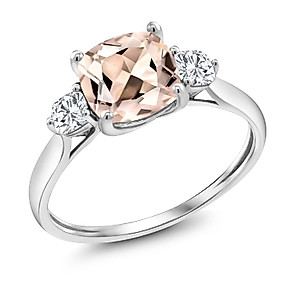 Gem Stone King 10K White Gold Peach Morganite and Forever Classic Moissanite 3 Stone Engagement Ring For Women (1.56 Cttw, Cushion 7MM, Gemstone October Birthstone) (Size 9)