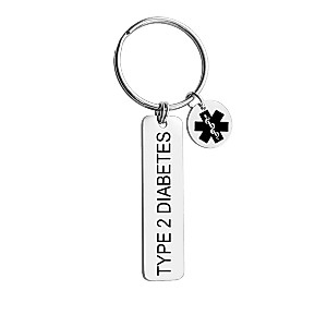 QINGDUO TYPE 2 DIABETES Minimalism Medical Alert SOS Pendant Keychain for Men Women Stainless Steel Emergency Medical ID Health Alert Monitoring Keychain Allergy Awareness Pendant Keychain,Silver