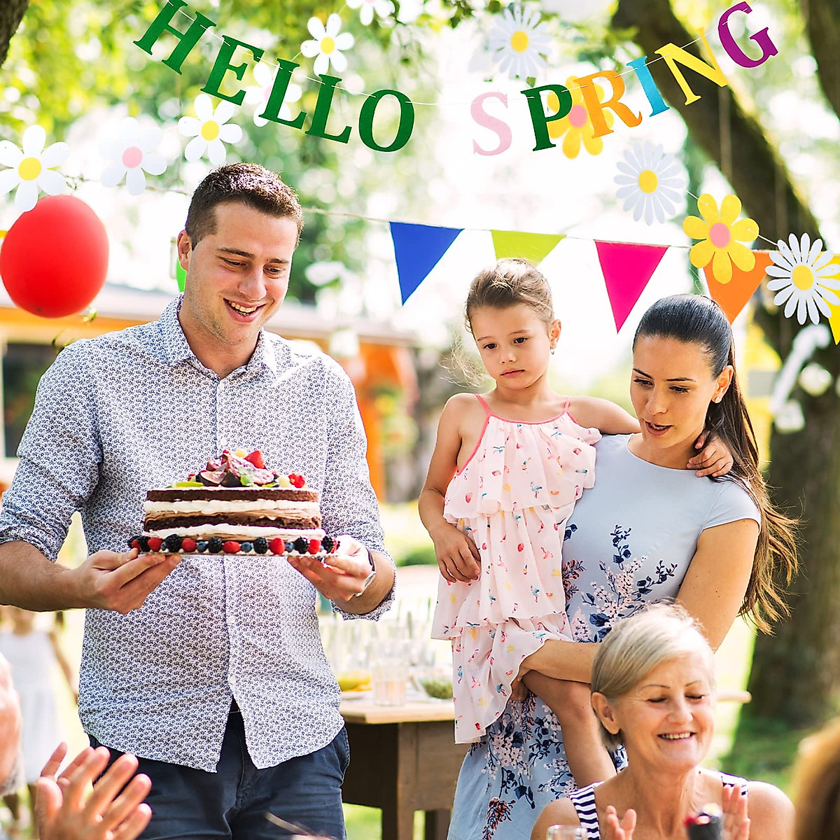 3 Pieces Hello Spring Banners Spring Flower Banner Garland Decoration, Spring Daisies Garlands for Outdoors Indoors Party Hanging Celebrations Decorations (Spring)