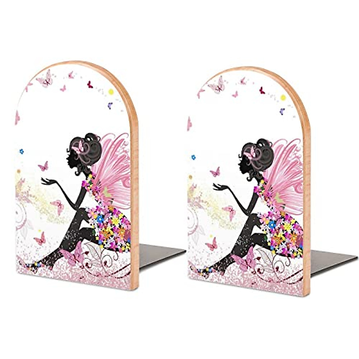 Hon-Lally Flower Fairy Girl with Pink Wing Elves Butterflies Pattern Wood Bookends Decorative Bookend Non-Skid Office Book Stand for Books Office Files Magazine, Wood-style, One Size