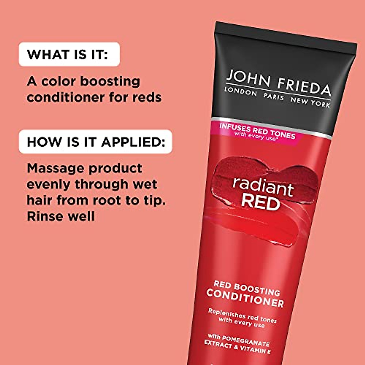 John Frieda Radiant Red, Red Boosting Conditioner, Hydrates and Enhances Red Tones with Pomegranate Extract and Vitamin E for Natural or Color-Treated Red Hair, 8.3 Oz