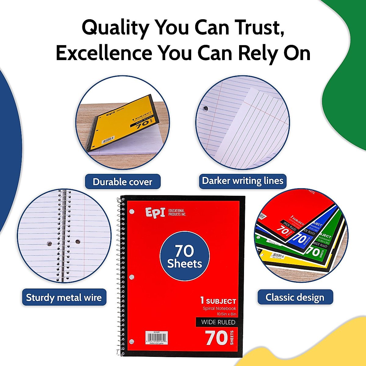 EPI Spiral Notebook | Wide - 70 Sheets, Durable Spiral Binding | 10.5 x 8 in | Classroom Supplies | School, Office, Note Taking, Journaling - 48 Pack