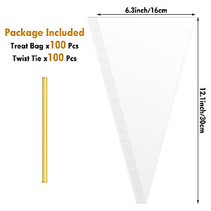 YUXIANLB 100Pcs Cone Shaped Treat Bags, 6x12 Inches Christmas Candy Transparent Celloph Bags, Cone Bags with Twist Ties, Clear Cone Snack Bags for Gift Giving, Packaging Snack, Popcorn Favor