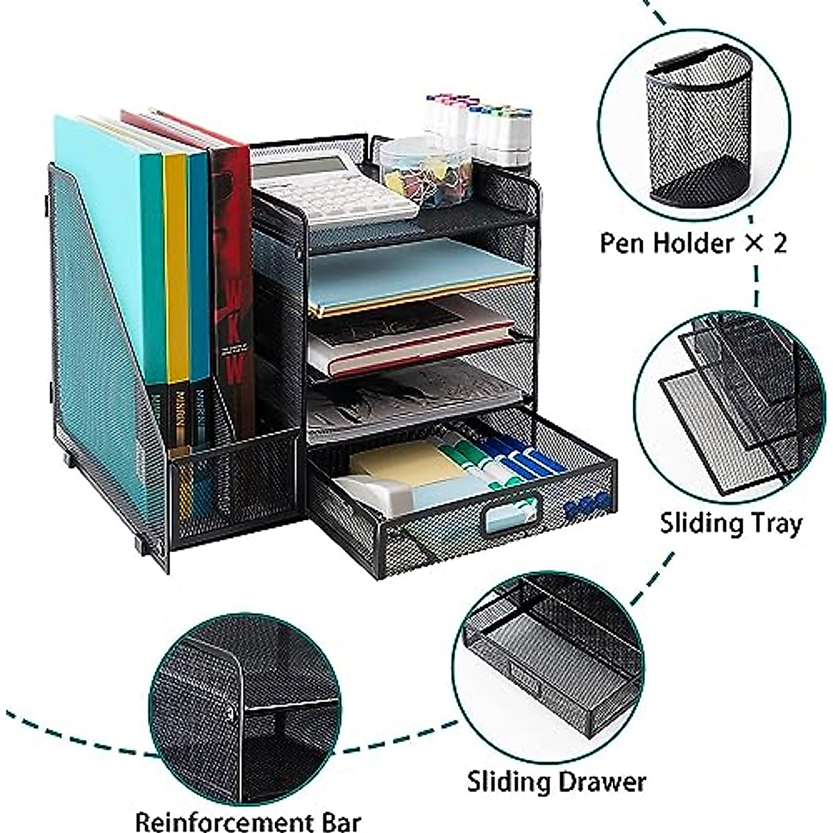 Metal Mesh Desk Organizer with 1 Sliding Drawer, 5 Horizontal Trays and 2 Vertical Sections, with 2 Spaces for Pencils and Accessories Black, assembles and disassembles in minutes to store or use