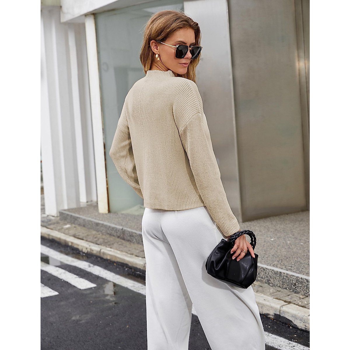 GTLIAE Womens 2 Piece Outfits Sweater Sets Long Sleeve Pullover Knit Top Loose Pant Tracksuit Lounge Set(White-XL)