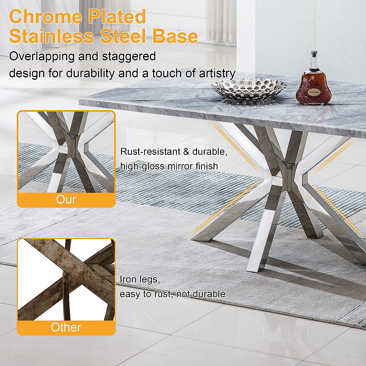 Pvillez Grey Marble Dining Table for 8-10 Person, 78" Rectangle Marble Top Dining Table with Gloss Silver Stainless Steel Pedestal Base, Mid Century Modern Dining Table for Kitchen Dining Room Dinner