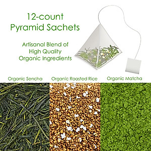 [Sugimoto Tea] Organic Matcha Genmaicha Tea Bags, Authentic Japanese Green Tea Blend with Roasted Rice, Award-Winning Taste & Aroma, 12 Compostable Pyramid Bags (1.06 oz)
