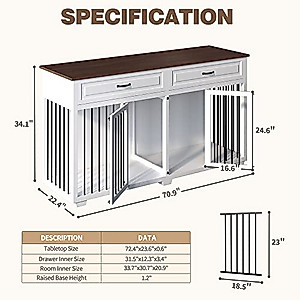 JINLLY Large Dog Crate Furniture, 72.4" Wooden Dog Crate Kennel with 2 Drawers and Divider, XXL Heavy Duty Dog Crates Cage Furniture for Large Dog or 2 Medium Dogs Indoor, White