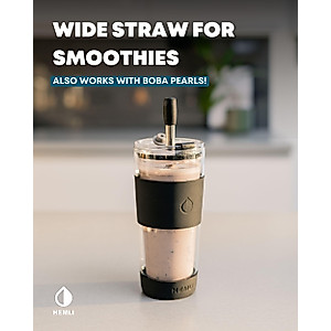 Hemli 19 oz. Clear Double Wall Glass Coffee Tumbler, To Go Glass Travel Mug with Lid, Portable Glass Thermos with Straw, Reusable Cup for Coffee, Tea, Smoothies, Ice Coffee, and Boba (Black)