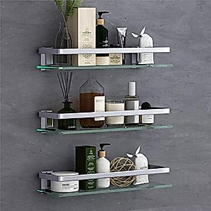VOLPONE Bathroom Wall Shelf 15.7in Bathroom Glass Shelves Bathroom Shelves Wall Mount Glass Floating Shelf Rustproof Bathroom Wall Organizer 3 Tier (Sliver)