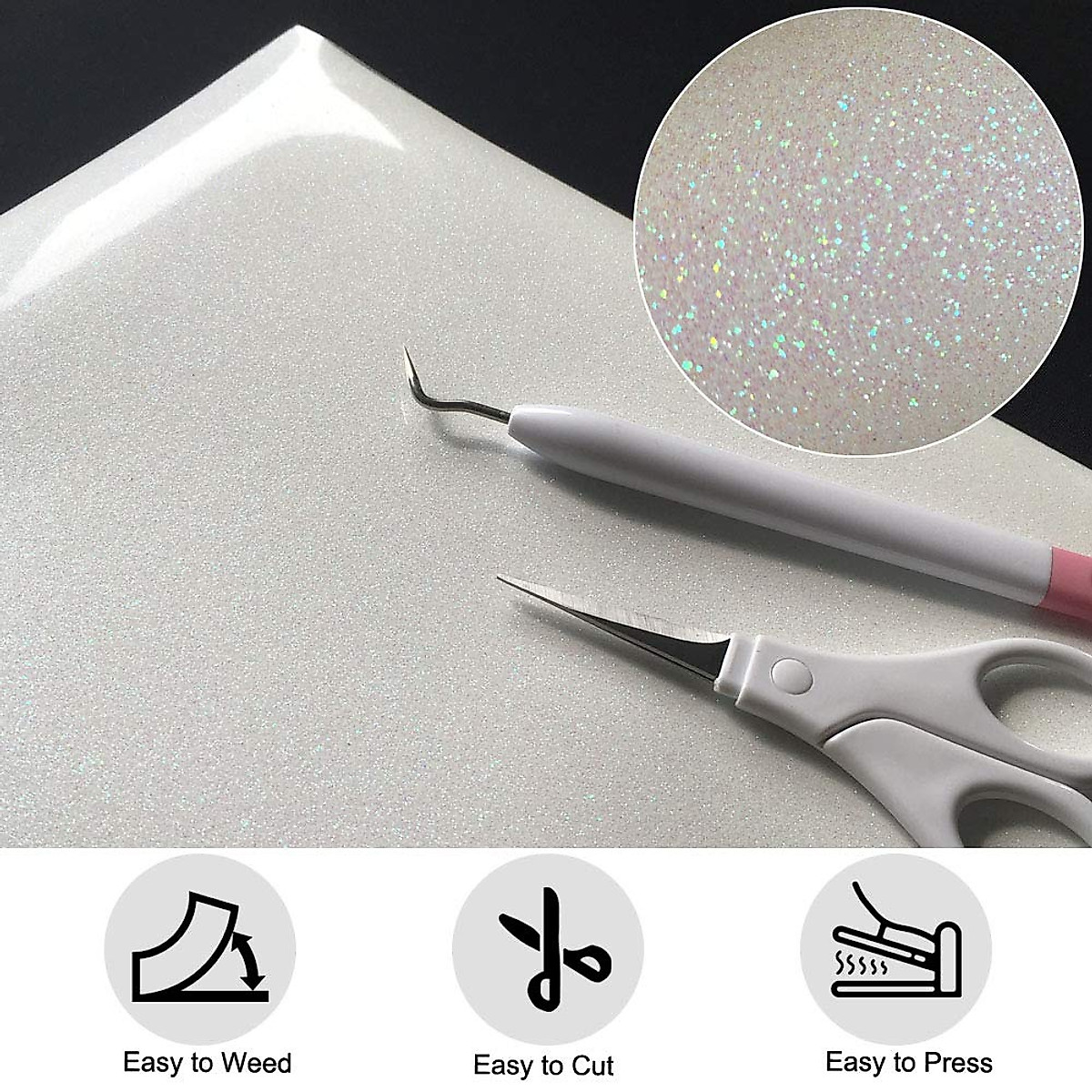 TeeArtist White Glitter HTV Iron On Heat Transfer Vinyl for T-Shirts, 12"x10" Sheets, 5 Pack, Glossy Rainbow Surface, Easy for All Craft Cutters