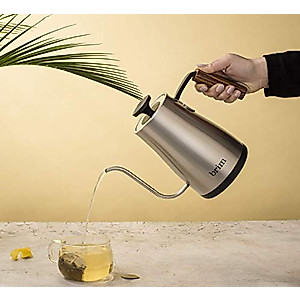 Brim 0.8L Gooseneck Kettle w Wood Handle, Easy Brewing Pour Over Coffee, Tea or Hot Beverages, 6 Variable Temperature Presets, Capacitive Smart Touch Interface, Cordless Power Base, Stainless Steel