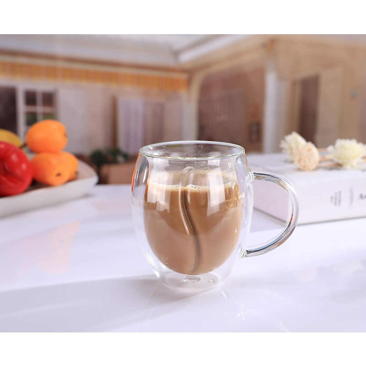 YUESHICO Insulated Coffee Mugs - Double Wall Glass Coffee Mugs Clear Glass Coffee Cups 12.7 Oz with Handles for Hot Beverages Cappuccino, Latte, Big Tea Cup. Glass Cups Best Coffee Gifts