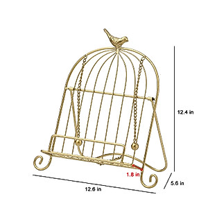 Jemeni Adjustable Cookbook Stand for Kitchen, Metal Birdcage Shaped with 2 Weighted Chains, Gold…