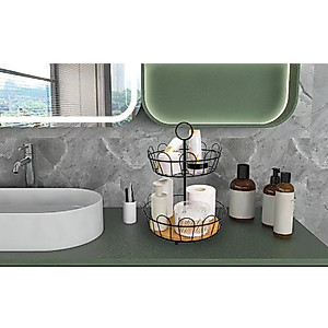 2-Tier Farmhouse Fruit Basket Stand, Wire Fruit Vegetables Countertop Storage Rack, Multifunctional Detachable Bread Snack Holder Bowl for Kitchen and Bathroom Organization - Black