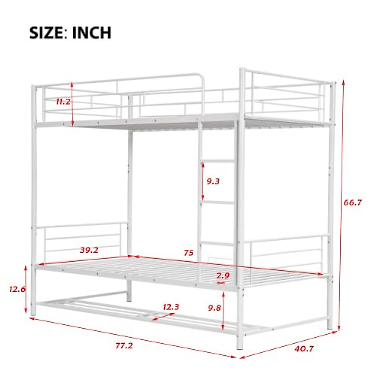 Metal Bunk Bed Frame,Divided into 2 Beds, Twin Over Twin Bunk Bed with Shelf, Safety Guard Rails and Ladder, Heavy-Duty Steel Frame Bunk Bed for Kids Teens Adults,No Box Spring Needed (White)