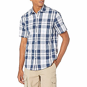 Amazon Essentials Men's Slim-Fit Short-Sleeve Poplin Shirt, White/Navy, Large Plaid, X-Large