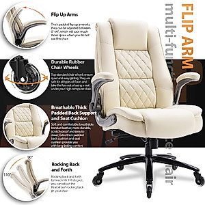 EZAKI High Back Office Chair-Flip-up Arms Executive Computer Desk Chair, Built-in Lumbar Support Thick Padded Adjustable Rock Tension Ergonomic Design for Back Pain (Beige)