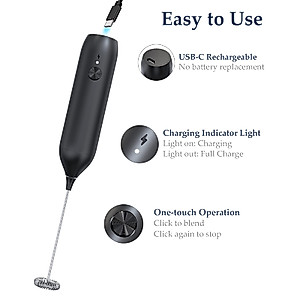 COKUNST Electric Milk Frother Handheld Rechargeable USB C, Powerful Milk Frother with Stand, Mini Drink Mixer Electric Handheld, Durable Whisk Coffee Milk Frother for Cappuccino, Latte, Hot Chocolate