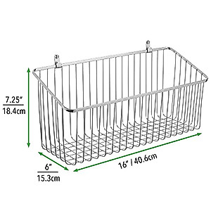 mDesign Portable Metal Farmhouse Wall Decor Angled Storage Organizer Basket Bin for Hanging in Entryway, Mudroom, Bedroom, Bathroom, Laundry Room - Wall Mount Hooks Included, Large - Chrome