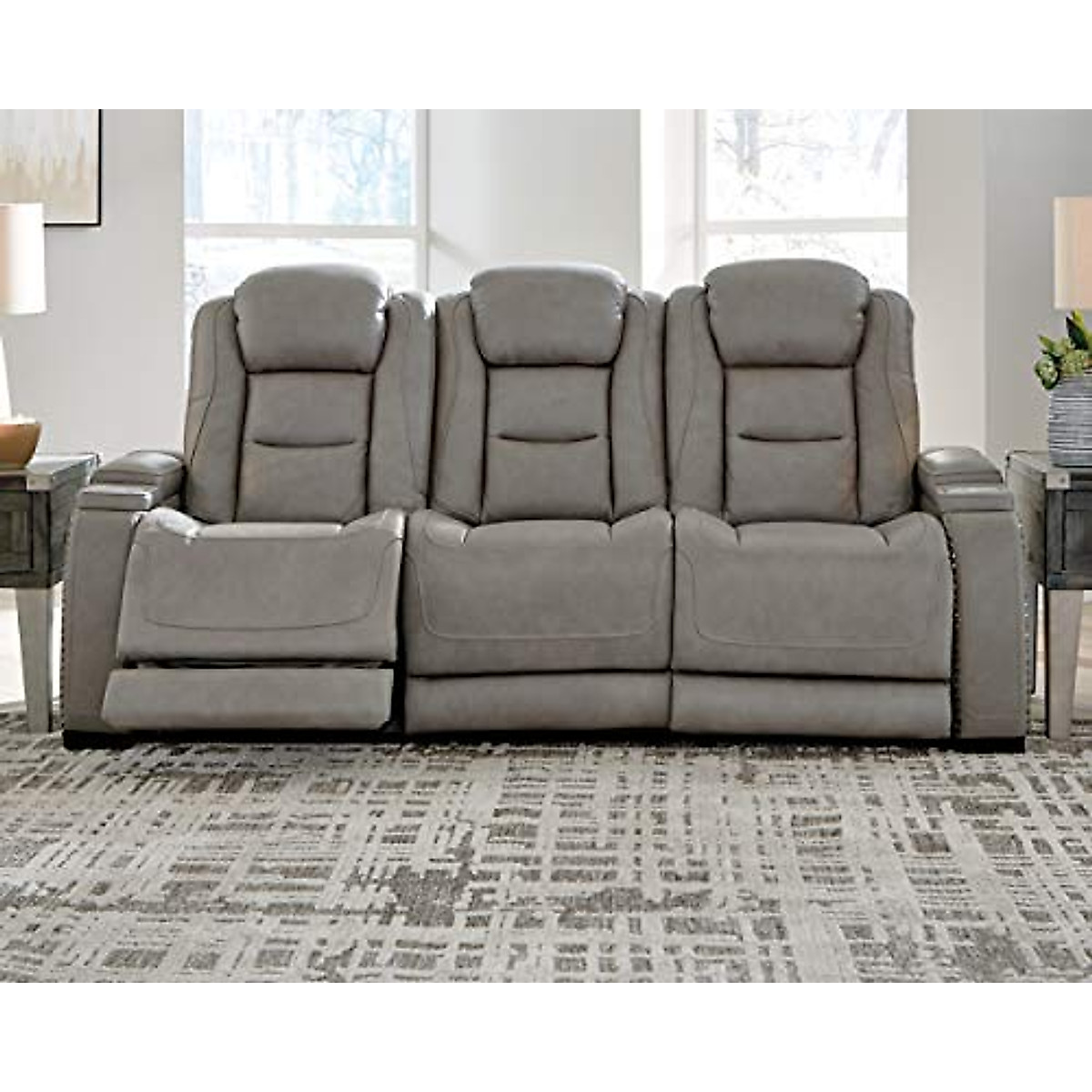 Signature Design by Ashley The Man-Den Leather Power Reclining Sofa, Gray & The Man-Den Leather Power Recliner with Adjustable Headrest & Wireless Charging, Gray
