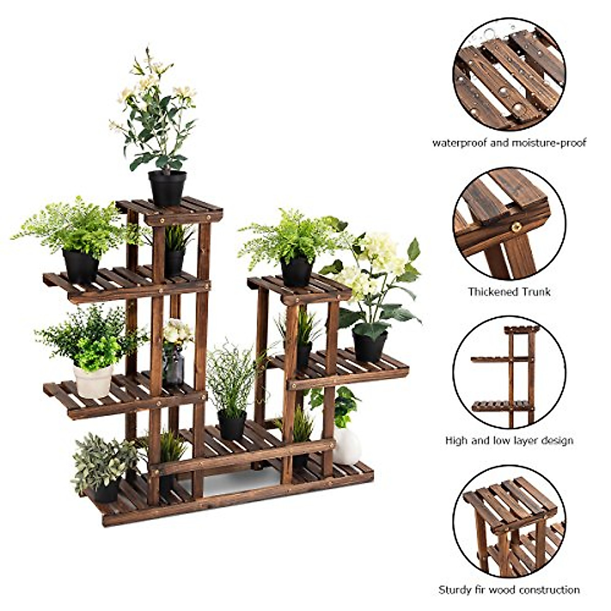 Giantex Flower Rack Wood Plant Stand 7 Wood Shelves 13 Pots Bonsai Display Shelf Indoor Outdoor Yard Garden Patio Balcony Living Room Multifunctional Storage Rack Bookshelf W/Hollow-Out Rack