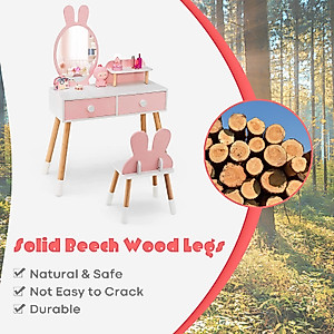 HONEY JOY Kids Vanity, Rabbit Themed Toddler Wooden Makeup Table and Chair Set w/2 Large Drawers, Beech Wood Legs, Princess Dressing Beauty Table, Girls Vanity Set with Mirror and Stool (Pink)