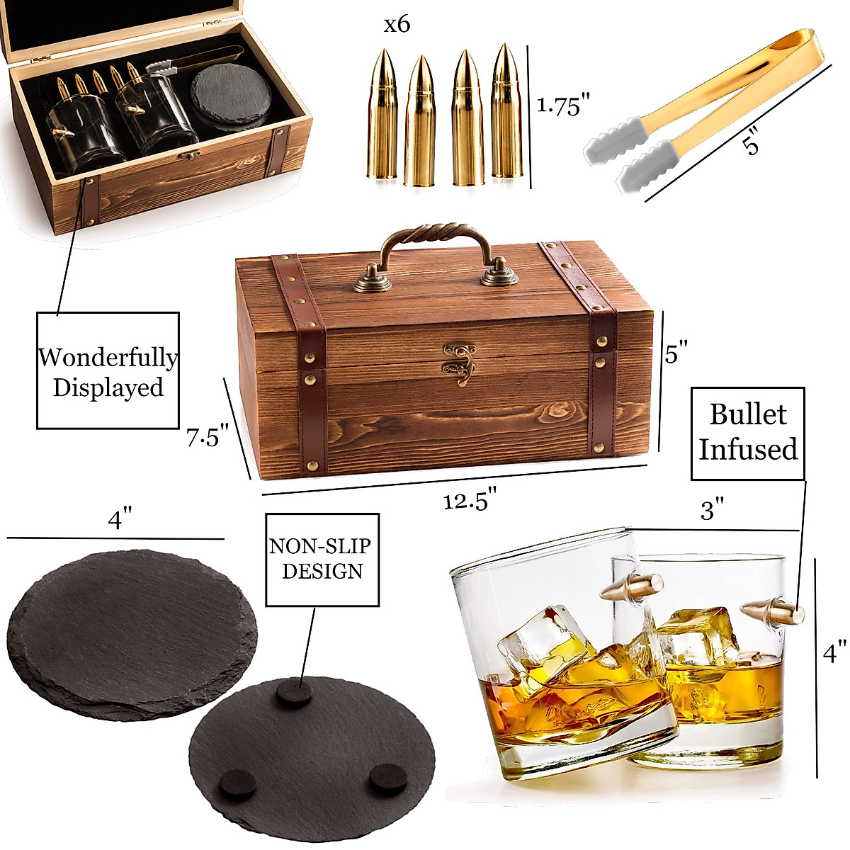 Whiskey Glasses Gifts for Men - Bourbon Whiskey Stones Unique 10 Piece Gift Set for Men in Gift Box - Groomsmen Gifts for Men - Scotch Whiskey Glass Set Retirement Gift - Alcohol Gifts - Bezrat