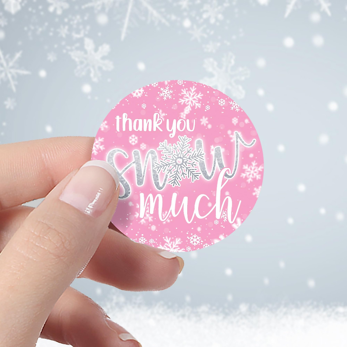 Pink Winter Onederland 1st Birthday Party Thank You Stickers, Pink Snowflake Thank You Snow Much - 40 Count