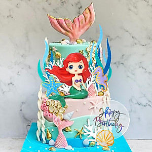 12 PCS Mermaid Cake Topper, Cute Big Eyes Mermaid Doll Cake Topper, Resin 2D Starfish Seaweed Seahorse Shell Felt Seaweed Acrylic Coral for Birthday Party, Baby Shower, Wedding, Mermaid Cake Supplies
