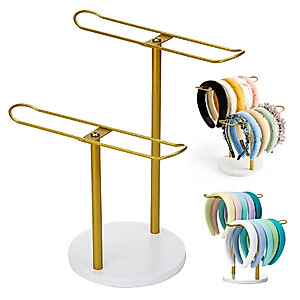 MoyRetty Headband Holder Organizer, 2-Tier Metal Hair Hoop Display Stand Headband Organizer Storage Hair Ropes Accessories Bracelets Bangles Bedroom College Dorm Decor for Girls Women, Gold