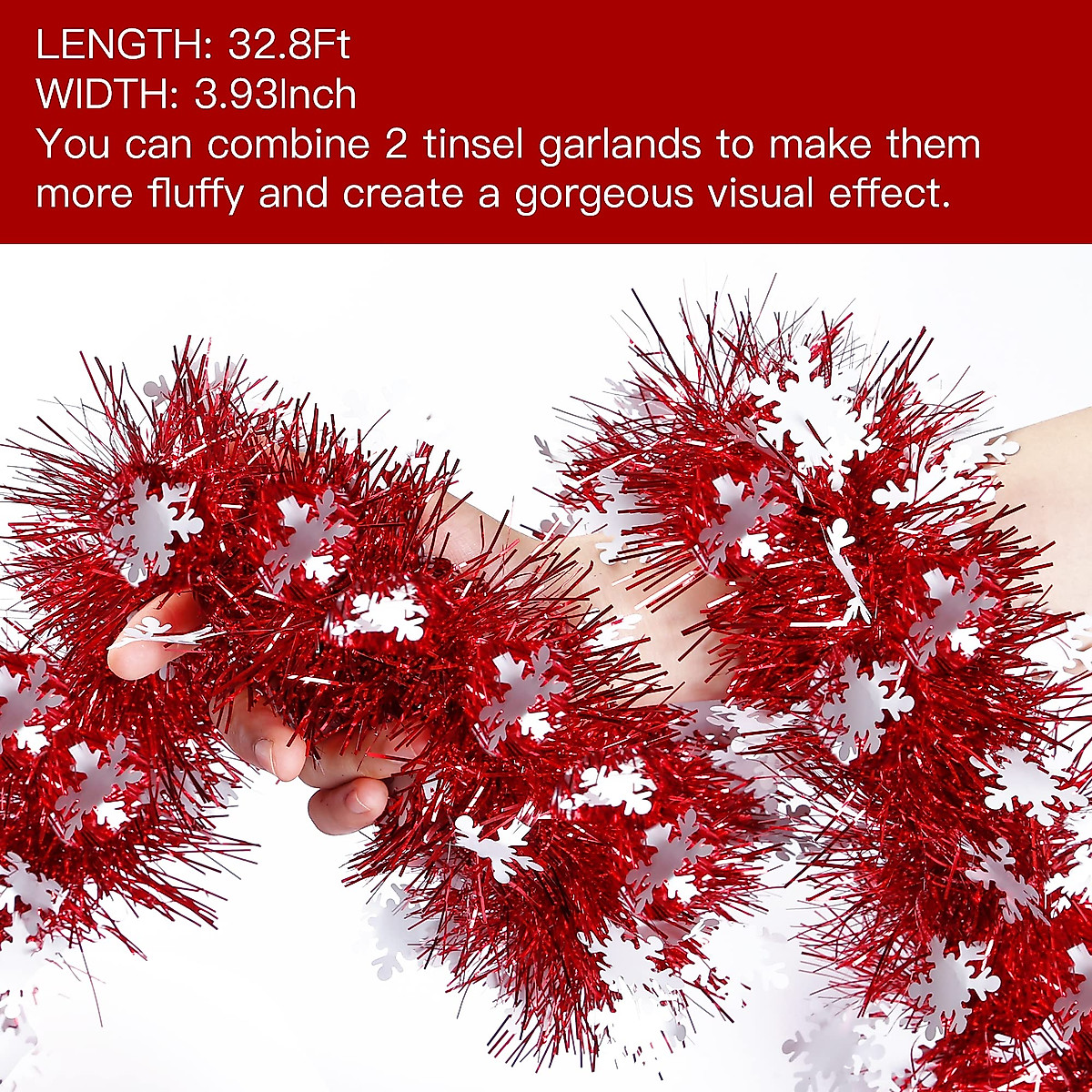 Sggvecsy 32.8Ft Christmas Snowflake Tinsel Garland Xmas Tree Decorations Red Christmas Metallic Twist Garland Ceiling Hanging Decorations for New Year Party Birthday Holiday Indoor Outdoor Supplies