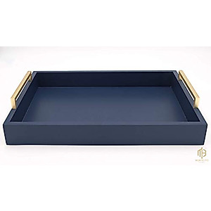 Montecito Home Decorative Coffee Table Tray - Ottoman Tray - Breakfast, Drinks, Liquor Serving Platter - from Farmhouse to Modern - Matte Finish - Champagne Gold Handles - Twilight Blue