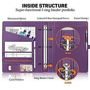 Toplive Padfolio 3 Ring Binder (1'' Round Ring) Business Portfolio Folder for Interview, Conference and Presentation, Purple