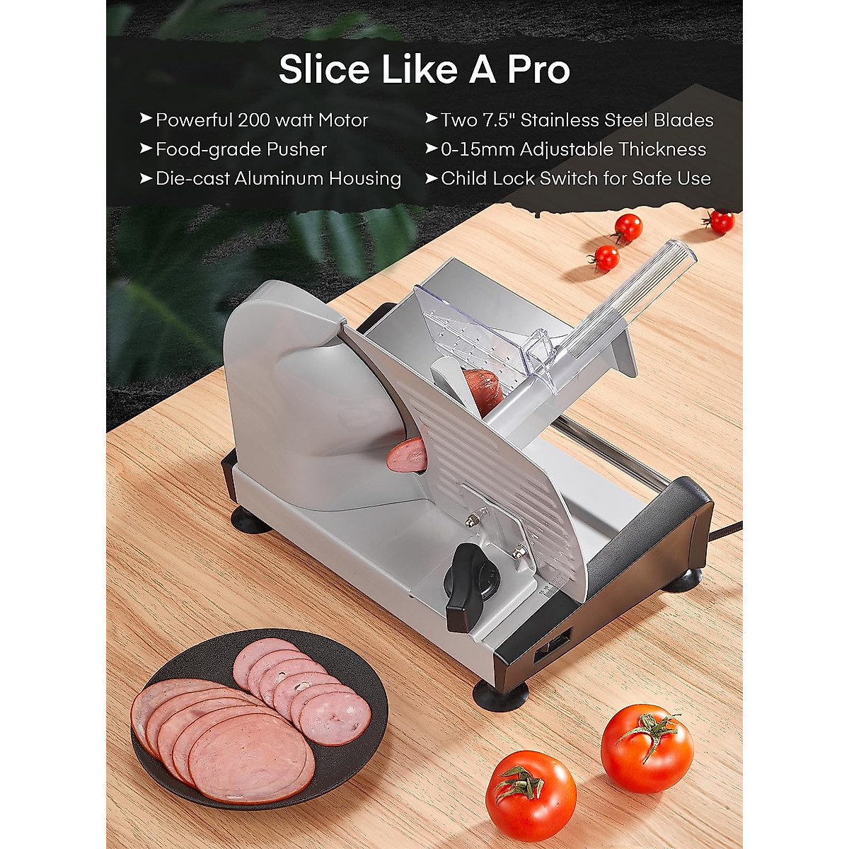Meat Slicer for Home Use, FOHERE 200W Electric Deli Food Slicer With Two Removable 7.5" Stainless Steel Blade, Adjustable Thickness(0-15mm), Easy to Clean, Cut Meat Cheese Bread, Silver