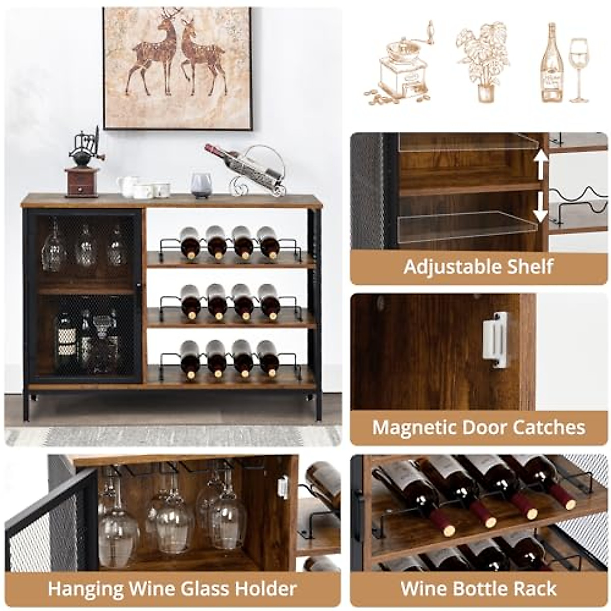 GAOMON Wine Bar Cabinet, FreeStanding Wine Rack Table, Liquor Cabinet with Glass Holder, Floor Bar Cabinet for Liquor and Glasses for Home Kitchen Dining Room