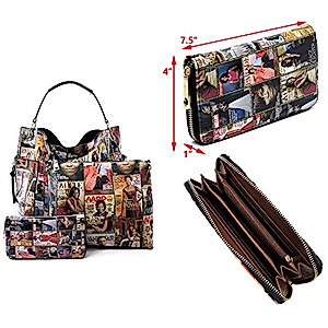 Magazine Cover Collage Michelle Obama Printed Square Hobo bag + Crossbody purse + Wallet 3pcs Set (Multi)