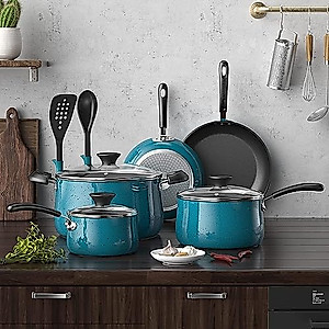 Cook N Home Pots and Pans Nonstick Cookware Set 10-Piece, Belly Shape Kitchen Cooking Set with Frying Pans and Saucepans, Induction Compatible, Turquoise