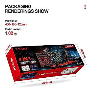 T-Wolf Gaming Combo TF800 Keyboard/Mouse/Headphone/Mouse Pad Wired LED RGB Backlight Bundle for PC Gamers Users - 4 in 1, Black