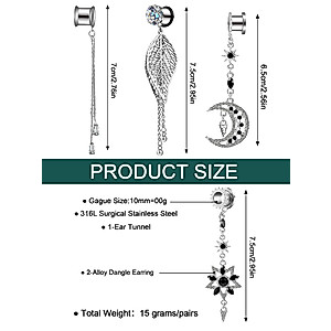 Loviflower 4 Pairs 10 mm Gauges Dangle Chain Tunnels Leaf Moon Star Dangle Ear Tunnel Plugs