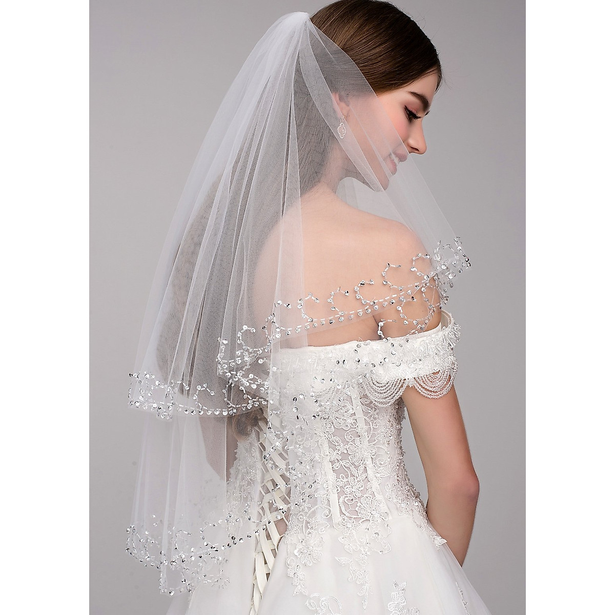 Malishow 2 Tiers Beaded Wedding Veil Sequin Pearl Edge Bling Bridal Veils New white