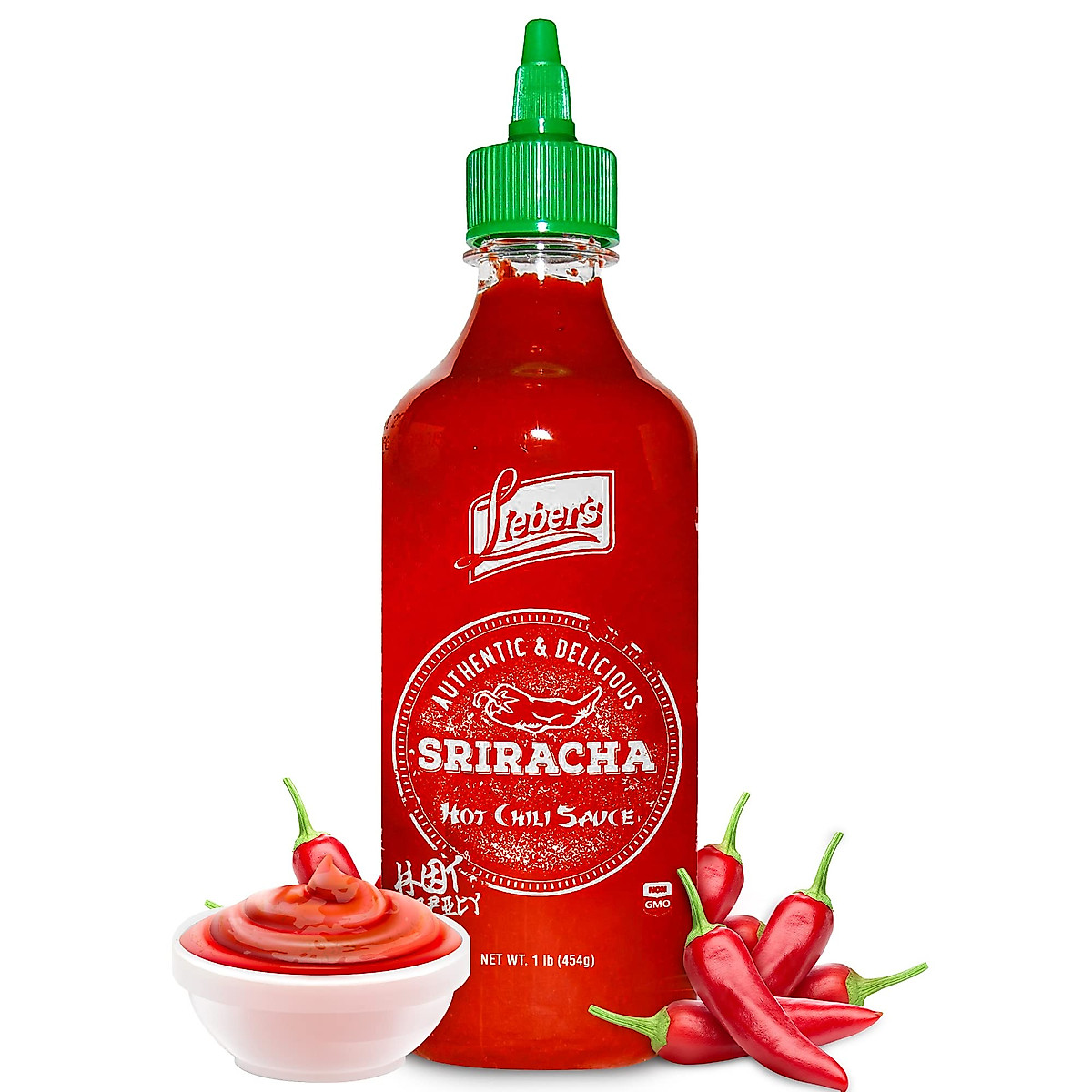 Lieber's Sriracha Hot Chili Sauce, Authentic And Delicious, Non-GMO, No MSG, Gluten-free, Cholesterol-free, and Vegan, NET WT. 1 lb (454g)
