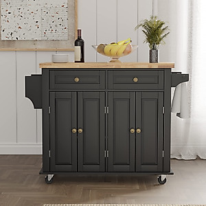 Squireewo Kitchen Cart with Rubber Wood Top Breakfast Bar, Rolling Mobile Kitchen Island Table on Wheels with Drawer and Storage Cabinet, Spice Rack, Towel Rack, Black