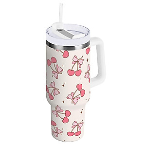 Slewiaeky Bow Coquette Heart 40 oz Tumbler with Handle Straw and Lid Cherry Stainless Steel Vacuum Insulated Reusable Water Bottle Glasses Travel Mug Thermal Cup for Home Office Car