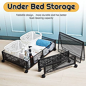 4 Pcs Under Bed Storage with Wheels, Black Rolling Under Bed Bins Drawer Foldable Under bed Containers Metal Under Bed Shoe Storage Organizer for Clothes Blankets, 16 x 24 x 6 Inch