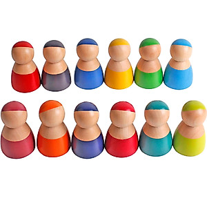 Dinhon 12 Wooden Rainbow Dolls Friends Toys Toddler Wooden Peg Bodies Baby Kids Wooden Pretend Play for Toddlers People Figures Shape Preschool Learning Educational Toys Montessori Toys