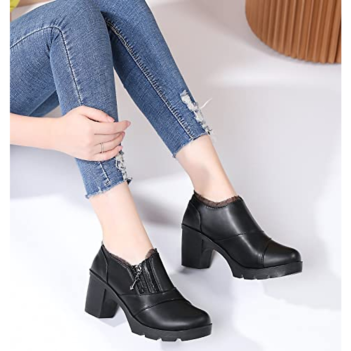 DADAWEN Women's Casual Zipper Lace Platform Mid-Heel Square Toe Oxfords Dress Shoes Black US Size 8