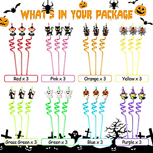 AFZMON 24 PCS Halloween Drinking Straws Reusable Pumpkin Skull Ghost Vampire Witch Plastic Beverages Cocktail Straw with Cartoon Decoration for Kids Halloween Party Supplies for Birthday Party Favors