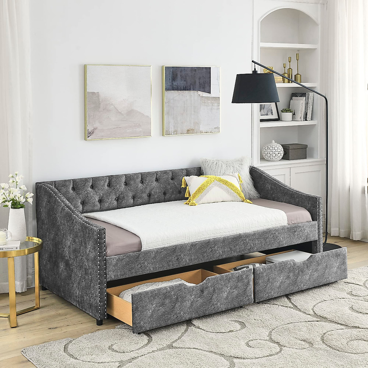 GLANZEND Twin Size Tufted Daybed with Double Storage Drawers, Upholstered Sofa Bed, Wooden Couch with Button on Back and Copper Nail on Waved Shape Arms, for Bedroom, Living Room, Gray